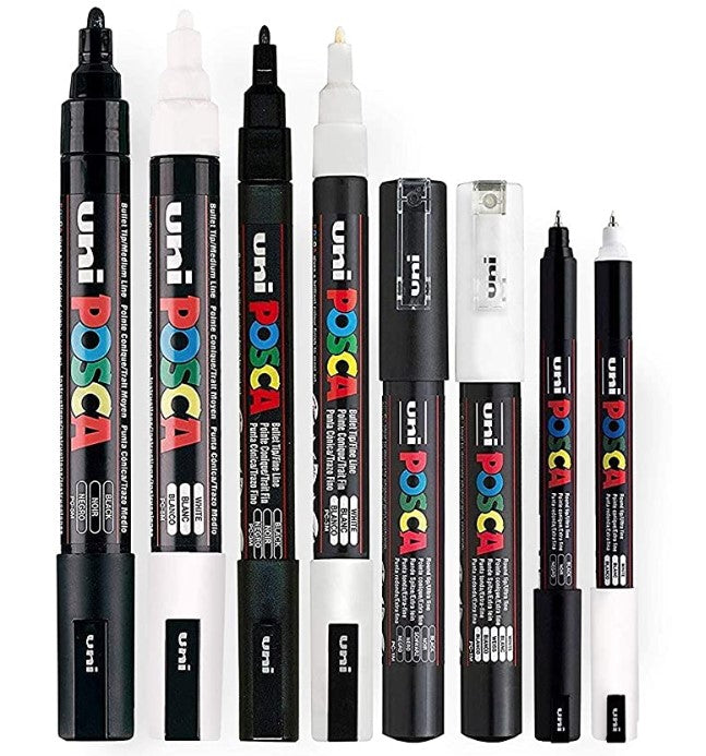 POSCA Black & White Bullet Tip - Set of 8 Pens (PC-1M, PC-1MR, PC-5M ...